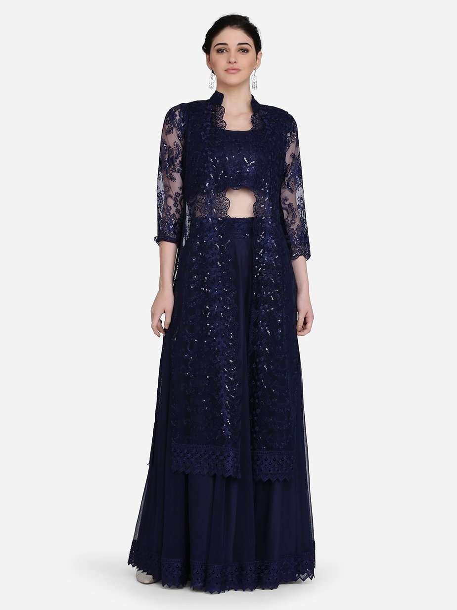 Buy Ojjasvi Navy Blue Embroidered Long Jacket With Lehenga Choli ...